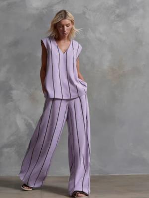 China Women's Two-Piece Set with Vertical Contrast Stripe Detail, Sleeveless V-Neck Top and Long Wide Leg Pants for sale