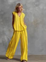 China Women's Two-Piece Set with Vertical Contrast Stripe Detail, Sleeveless V-Neck Top and Long Wide Leg Pants for sale