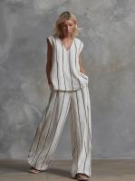 China Women's Two-Piece Set with Vertical Contrast Stripe Detail, Sleeveless V-Neck Top and Long Wide Leg Pants for sale