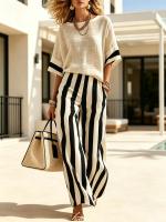 China Women’s Two-Piece Set with Contrast-Trim Top and Striped Wide-Leg Pants in High Waist Design for sale