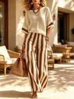 China Women’s Two-Piece Set with Contrast-Trim Top and Striped Wide-Leg Pants in High Waist Design for sale