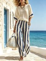 China Women’s Two-Piece Set with Contrast-Trim Top and Striped Wide-Leg Pants in High Waist Design for sale
