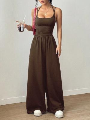 China Women's Denim Halter Neck Wide Leg Jumpsuit with High Waist and Flowing Silhouette for sale