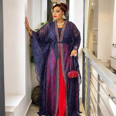 China Women's Floral Lace Overlay Evening Dress Set with Kimono-Inspired Sleeve and Adjustable Studded Belt for sale