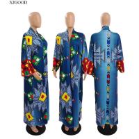 China Women’s African Geometric Print Kimono Dress with Long Sleeve and Polyester Blend Fabric for sale