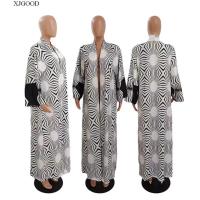 China Women’s African Geometric Print Kimono Dress with Long Sleeve and Polyester Blend Fabric for sale