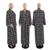 China Women’s African Geometric Print Kimono Dress with Long Sleeve and Polyester Blend Fabric for sale