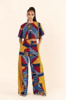 China Women's African Print Two-Piece Set with Breathable Polyester Cotton Blend, Elastic Waistband Wide-Leg Pants, and Colorful Geometric African Pattern for sale