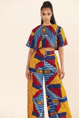 China Women's African Print Two-Piece Set with Breathable Polyester Cotton Blend, Elastic Waistband Wide-Leg Pants, and Colorful Geometric African Pattern for sale