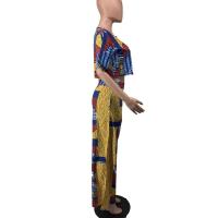 China Women's African Print Two-Piece Set with Breathable Polyester Cotton Blend, Elastic Waistband Wide-Leg Pants, and Colorful Geometric African Pattern for sale