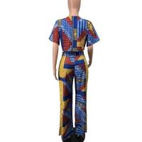 China Women's African Print Two-Piece Set with Breathable Polyester Cotton Blend, Elastic Waistband Wide-Leg Pants, and Colorful Geometric African Pattern for sale