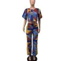 China Women's African Print Two-Piece Set with Breathable Polyester Cotton Blend, Elastic Waistband Wide-Leg Pants, and Colorful Geometric African Pattern for sale