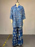 China Men’s African Print Two-Piece Set with V-neck Collar and Wide-Leg Trousers in African Wax Print Fabric for sale