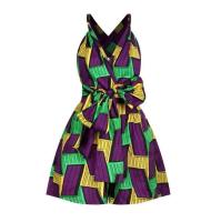 China Women’s African Print Wrap Mini Dress with V-neck Wrap Design Flared Skirt Silhouette and Matching Headwrap for sale