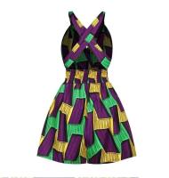 China Women’s African Print Wrap Mini Dress with V-neck Wrap Design Flared Skirt Silhouette and Matching Headwrap for sale
