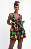 China Women’s African Print Wrap Mini Dress with V-neck Wrap Design Flared Skirt Silhouette and Matching Headwrap for sale