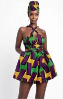 China Women’s African Print Wrap Mini Dress with V-neck Wrap Design Flared Skirt Silhouette and Matching Headwrap for sale