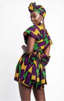 China Women’s African Print Wrap Mini Dress with V-neck Wrap Design Flared Skirt Silhouette and Matching Headwrap for sale