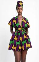 China Women’s African Print Wrap Mini Dress with V-neck Wrap Design Flared Skirt Silhouette and Matching Headwrap for sale
