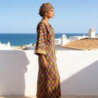 China Women’s African Kaftan Dress with Matching Headwrap in Cotton Blend and Flowing Silhouette for sale