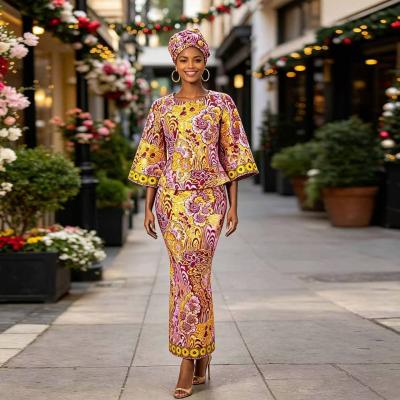 China Women’s African Print Midi Dress with Matching Headwrap in Breathable Fabric and Flowing Skirt for sale