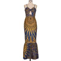 China Women's African Print Maxi Dress with Sleeveless Spaghetti Strap, Adjustable Shoulder Straps, and Front Cut-Out Detail for sale
