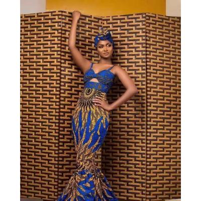 China Women's African Print Maxi Dress with Sleeveless Spaghetti Strap, Adjustable Shoulder Straps, and Front Cut-Out Detail for sale