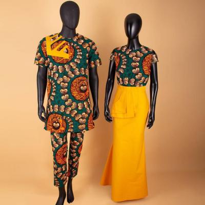 China African Print Couple Matching Set with Wax Print Fabric High-Waist Skirt and Adjustable Studded Belt for sale