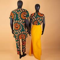 China African Print Couple Matching Set with Wax Print Fabric High-Waist Skirt and Adjustable Studded Belt for sale