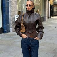 China Women's Cropped Faux Leather Jacket with Stand Collar for Streetwear Fashion for sale