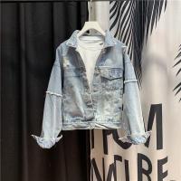 China Women's Distressed Cropped Denim Jacket with Puff Sleeves, Lace Hem, and Patchwork Design for sale
