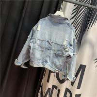 China Women's Distressed Cropped Denim Jacket with Puff Sleeves, Lace Hem, and Patchwork Design for sale