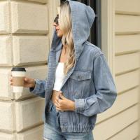 China Women's Hooded Denim Jacket with Cotton Fabric Oversized Relaxed Fit and Vintage Washed Effect for sale