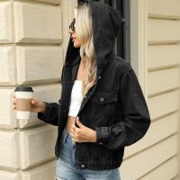 China Women's Hooded Denim Jacket with Cotton Fabric Oversized Relaxed Fit and Vintage Washed Effect for sale