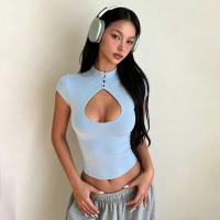 China Women's Back Cut-Out Short Sleeve Crop Top with Stretch Fabric and High-Waist Fit for sale