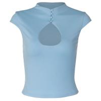 China Women's Back Cut-Out Short Sleeve Crop Top with Stretch Fabric and High-Waist Fit for sale