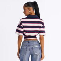 China Women's Striped Polo Crop Top with Soft Cotton Fabric and Cropped Length for sale
