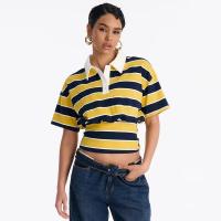 China Women's Striped Polo Crop Top with Soft Cotton Fabric and Cropped Length for sale