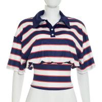 China Women's Striped Polo Crop Top with Soft Cotton Fabric and Cropped Length for sale
