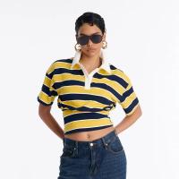 China Women's Striped Polo Crop Top with Soft Cotton Fabric and Cropped Length for sale