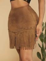 China Women's High-waisted Studded Mini Skirt with Fringe Hem for Fashion-forward Street Style for sale