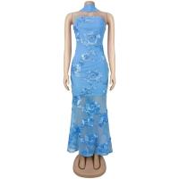 China Women's Floral Embroidery Sheer Maxi Dress with Strapless Fitted Design and Lace Overlay for sale