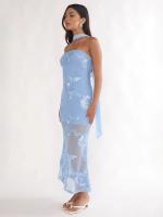 China Women's Floral Embroidery Sheer Maxi Dress with Strapless Fitted Design and Lace Overlay for sale