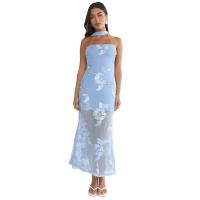 China Women's Floral Embroidery Sheer Maxi Dress with Strapless Fitted Design and Lace Overlay for sale