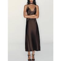 China Women's Satin Lace Slip Midi Dress with V-neck Lace Trim and Flowing Straight Silhouette in Lightweight Satin Fabric for sale