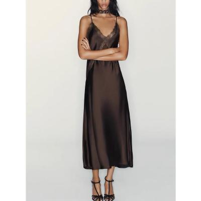 China Women's Satin Lace Slip Midi Dress with V-neck Lace Trim and Flowing Straight Silhouette in Lightweight Satin Fabric for sale