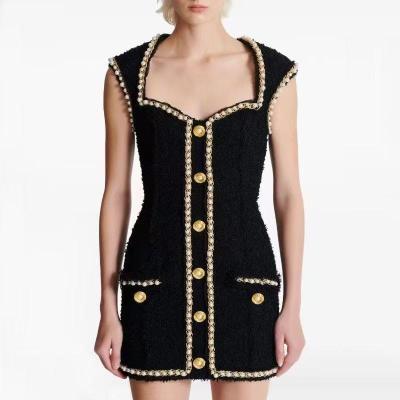 China Women's Pearl & Gold Chain Trim Tweed Mini Dress with Slim Waist Shaping and Luxury Boutique Style for sale