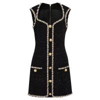 China Women's Pearl & Gold Chain Trim Tweed Mini Dress with Slim Waist Shaping and Luxury Boutique Style for sale