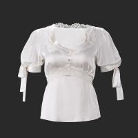 China Women’s Lace Trim Puff Sleeve Blouse with Square Neckline and Adjustable Ribbon Details for sale