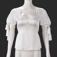 China Women’s Lace Trim Puff Sleeve Blouse with Square Neckline and Adjustable Ribbon Details for sale